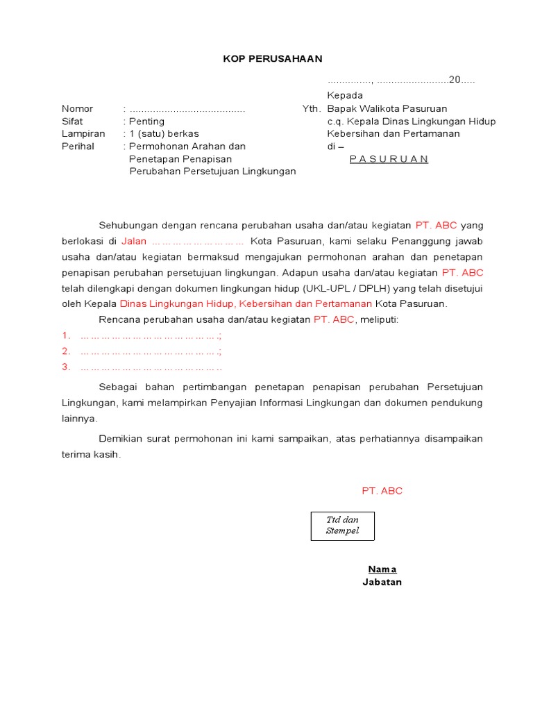 Permohonan Perubahan Persetujuan Lingkungan | PDF