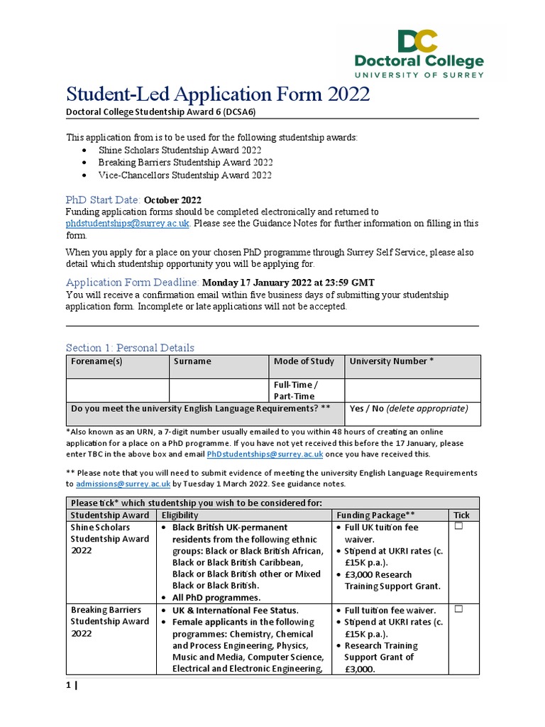 PhD Studentship Application Form 2022 | PDF | Doctor Of Philosophy | Engineering