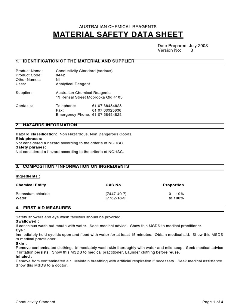 Conductivity Standard MSDS | PDF | Personal Protective Equipment ...