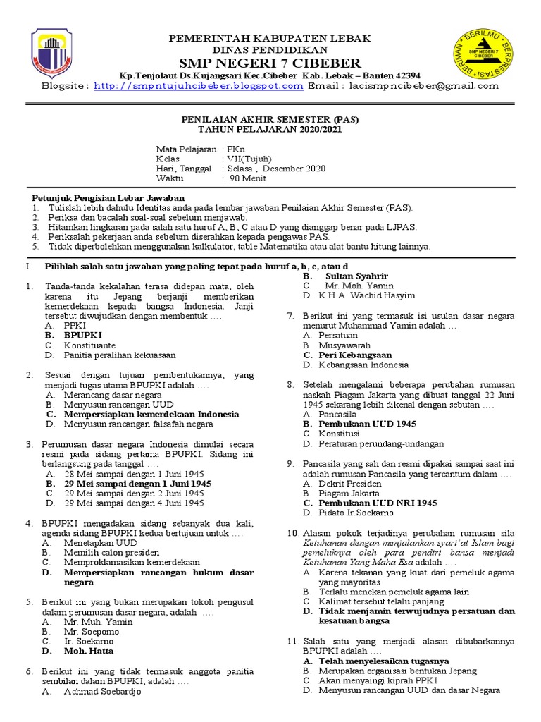 Soal PAS PKN 7 2020-2021 | PDF