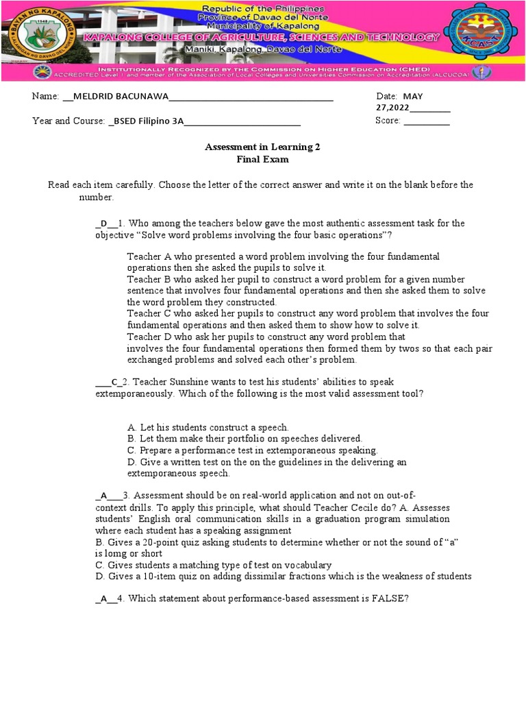 Assessment of Learning Final Exam Bacunawa | PDF | Educational ...