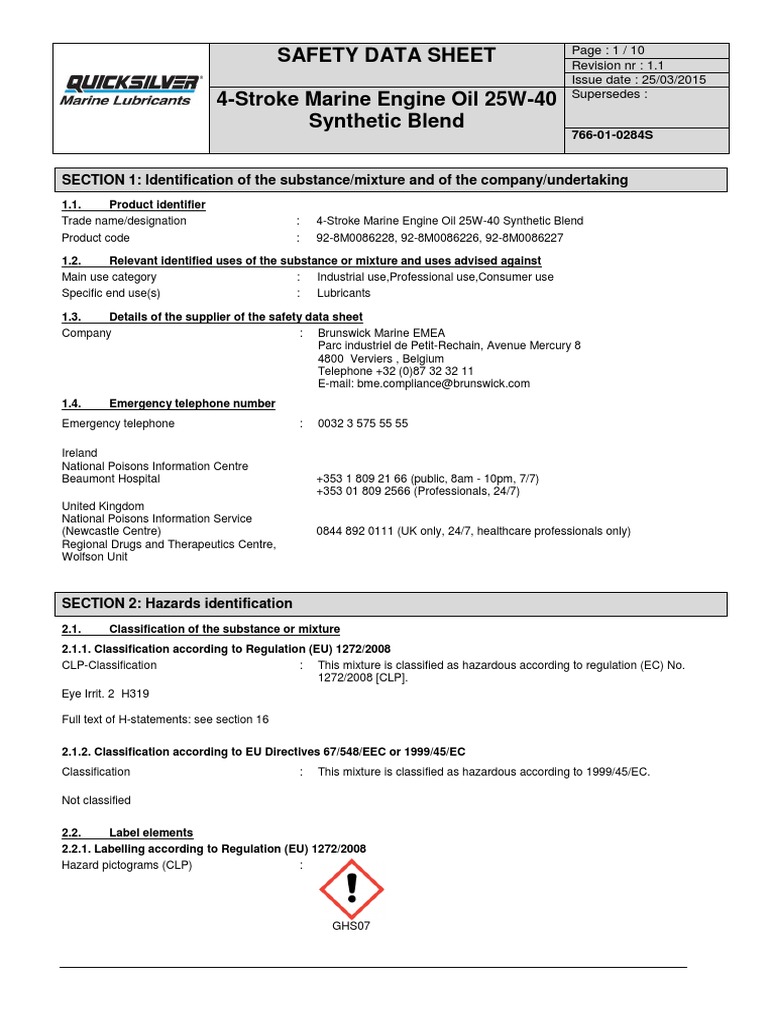 Safety Data Sheet 4-Stroke Marine Engine Oil 25W-40 Synthetic Blend | PDF | Firefighting ...