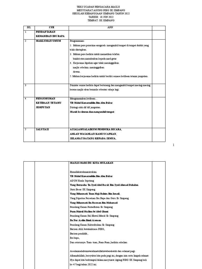 Teks MC Mesyuarat Pibg SK Simpang 2022 | PDF