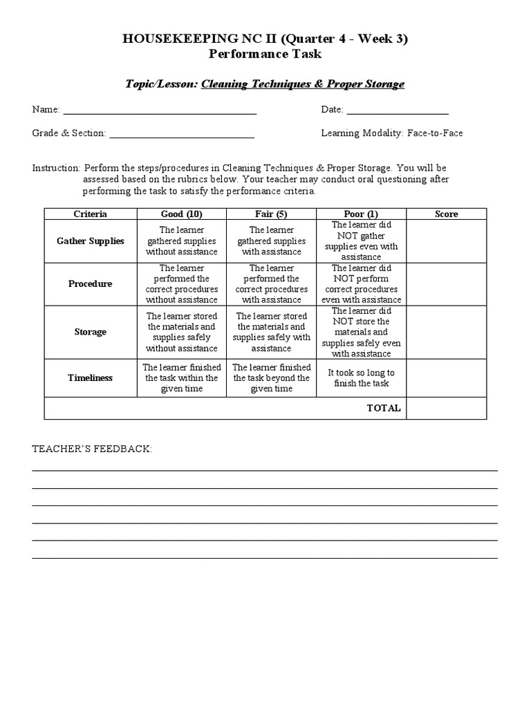 Housekeeping NC II Performance Task Cleaning Techniques | PDF | Rubric ...