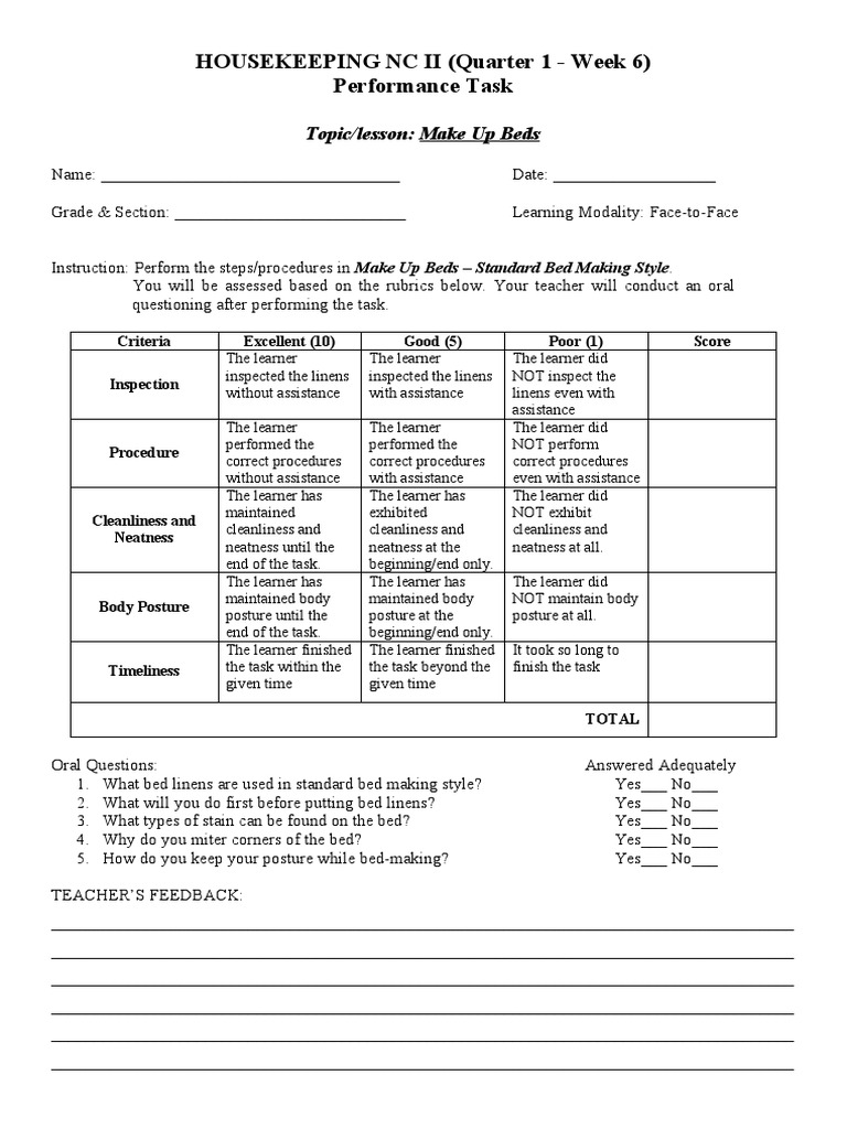 Housekeeping NC Ii - Performance Task (Make Up Bed) | PDF | Rubric ...