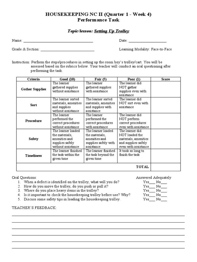 HOUSEKEEPING NC II - Performance Task (Set Up Trolley) | PDF | Rubric ...