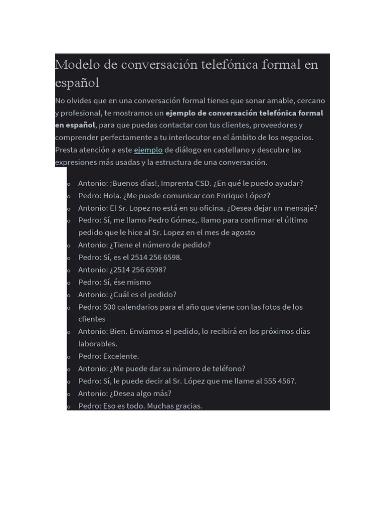 Ejemplo de conversación telefónica formal | PDF