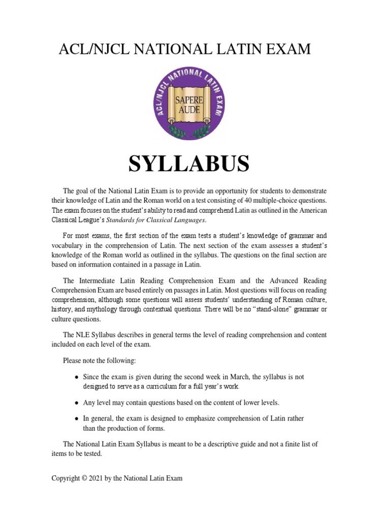 Syllabus: Acl/Njcl National Latin Exam | PDF | Latin | Verb