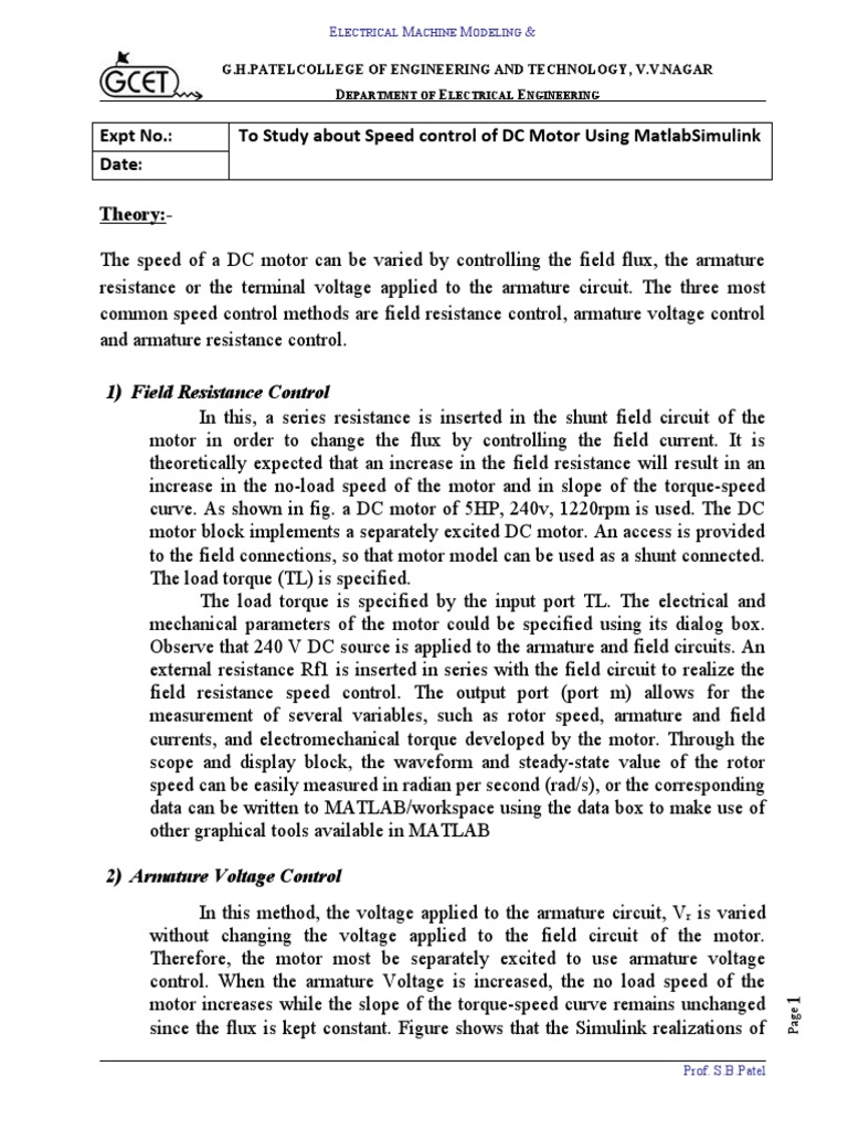 Experiment-1 Speed Control of DC Motor Using Matlab Simulink | PDF ...