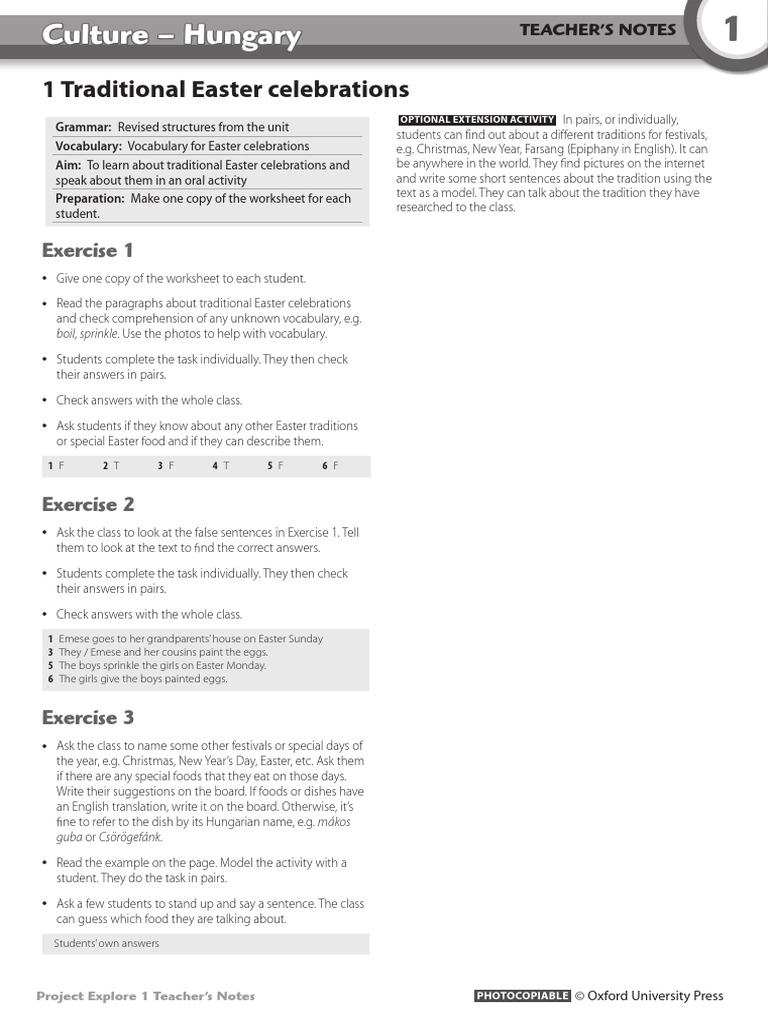 Project Explore 1 Culture Worksheets Teachers Notes Hu | PDF | Easter ...