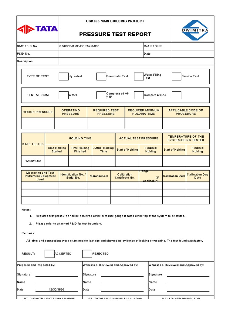 Cgk065-Dme-Form-M-005 Pressure Test Report | PDF | Calibration ...