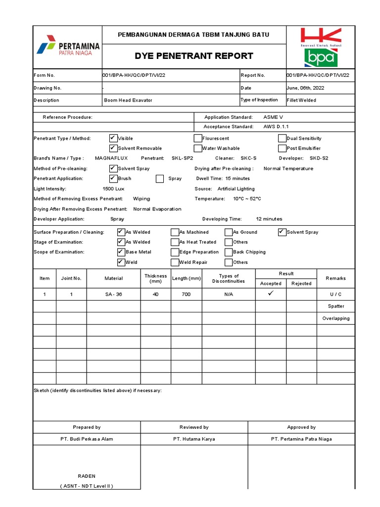 Dye Penetrant Report: Pembangunan Dermaga TBBM Tanjung Batu | PDF ...