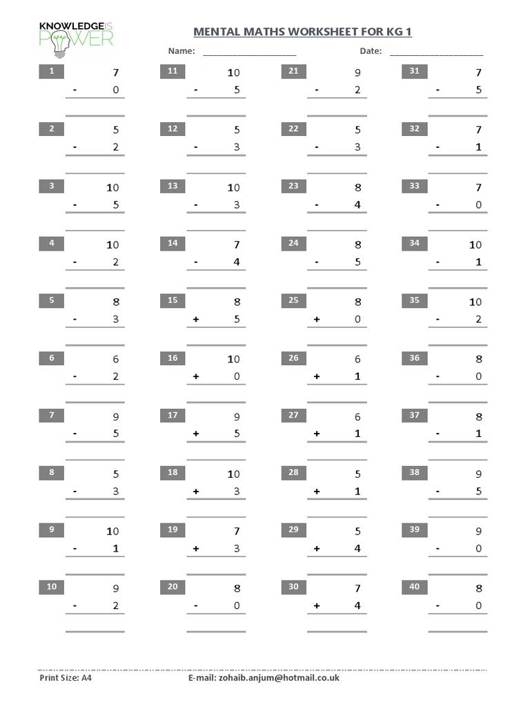 Mental Maths Worksheet For KG 01 (22-01) | PDF