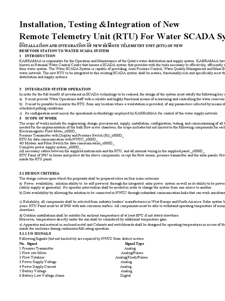 Installation Testing Integration Of New Remote Telemetry Unit Rtu