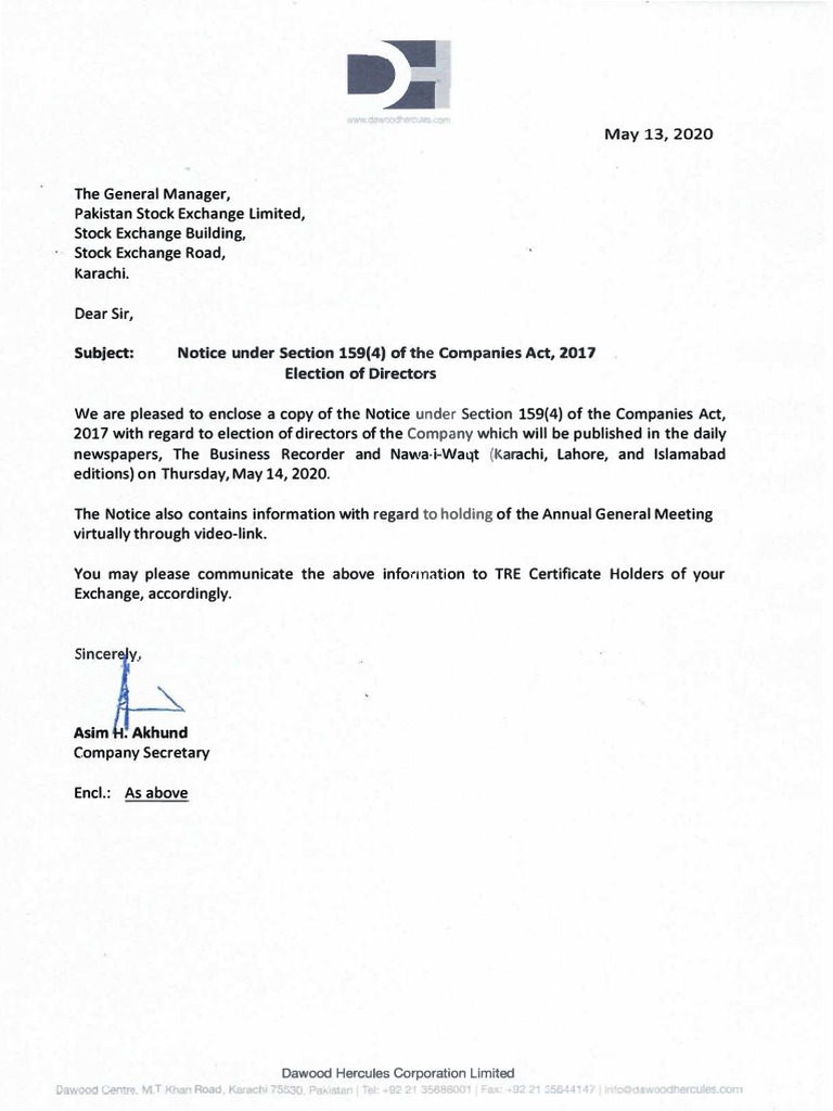 The General Manager,: Notice Under Section 159 (4) of Companies Act ...