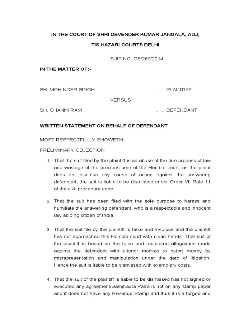 Written Statement on Behalf of Defendant in Response to Suit for ...