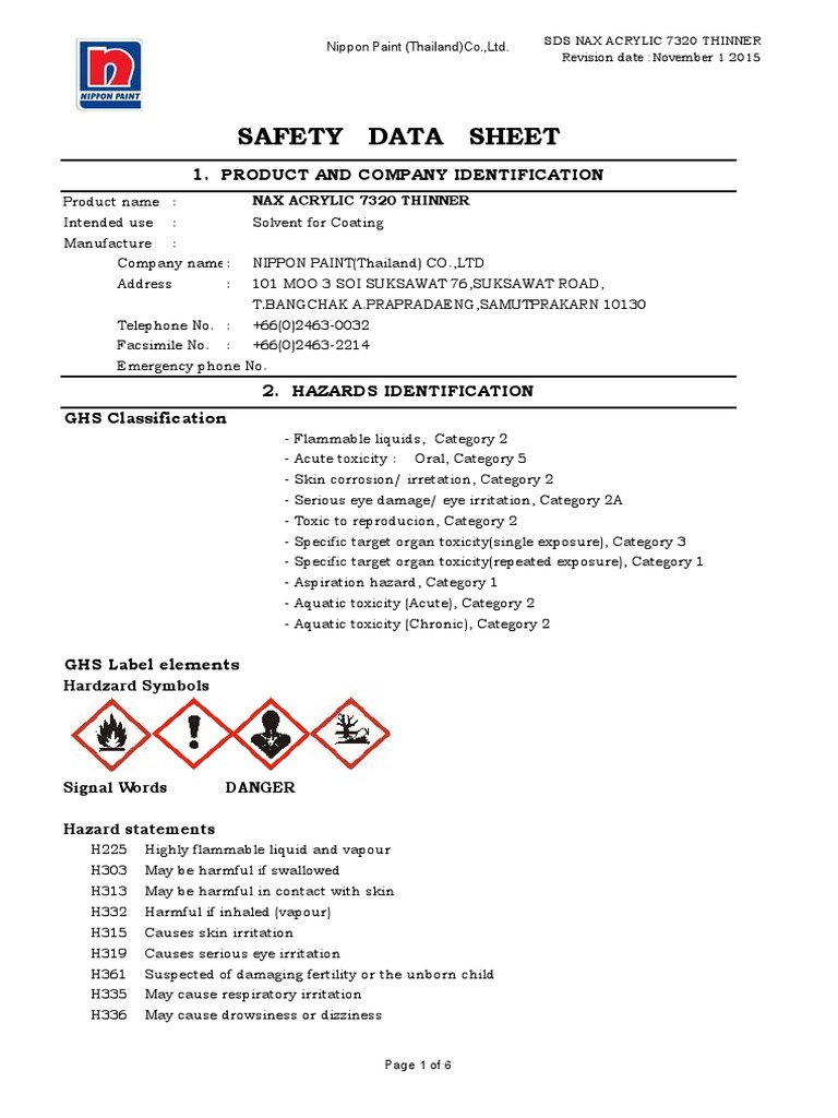 Safety Data Sheet: Nippon Paint (Thailand) Co.,Ltd | PDF | Toxicity | Water