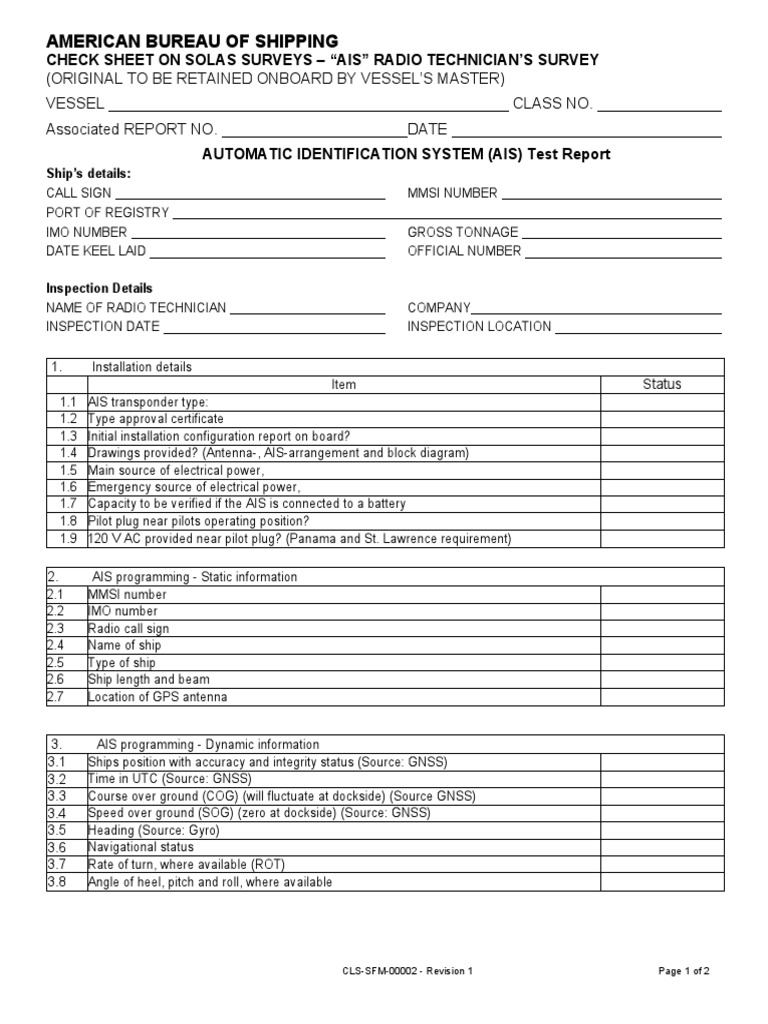 ABS Check Sheet SOLAS Surveys AIS Radio Tech - Docm | PDF | Water ...