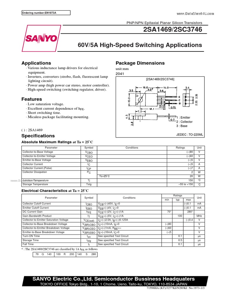 2SA1469/2SC3746: 60V/5A High-Speed Switching Applications | PDF ...