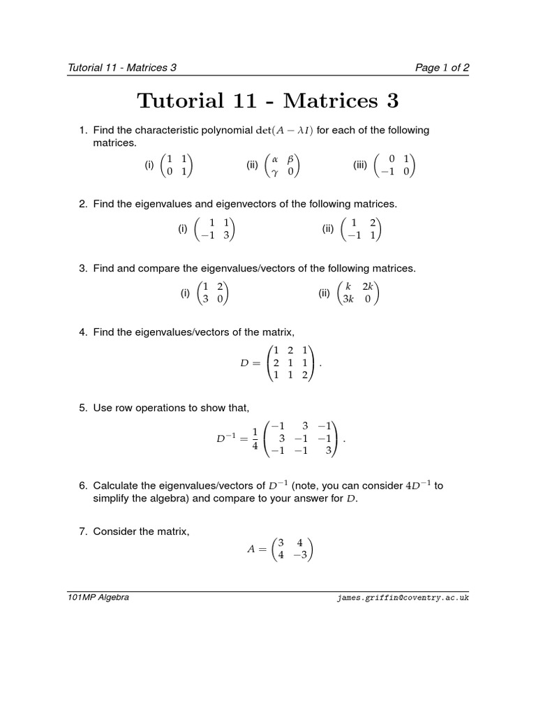 Tutorial 11 Matrices 3 Pdf Eigenvalues And Eigenvectors Matrix Mathematics