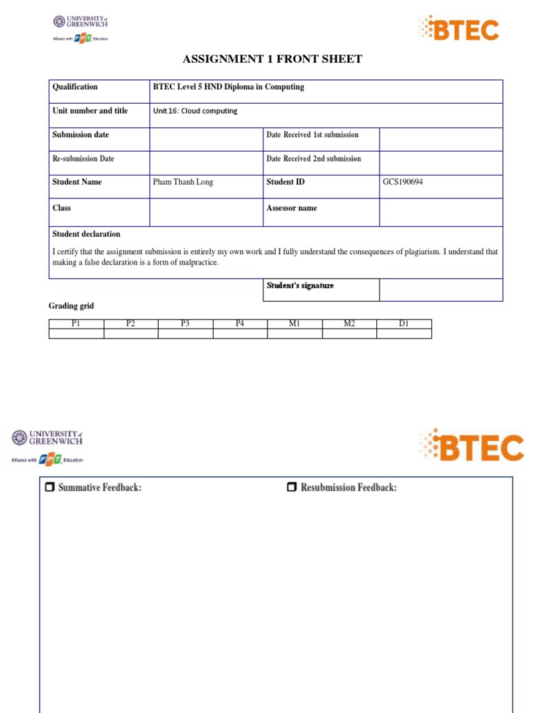 Unit 16.assignment 1 Frontsheet | PDF