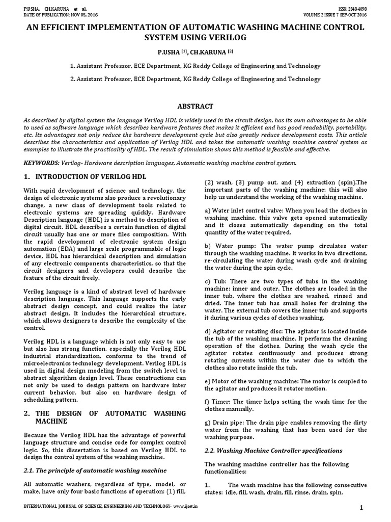 An Efficient Implementation of Automatic Washing Machine Control System Using Verilog | PDF ...