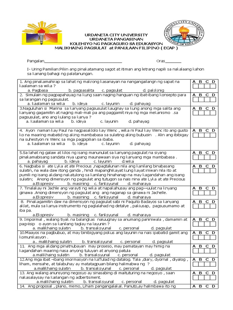 Malikhain at Panulaan Ecap Exam | PDF