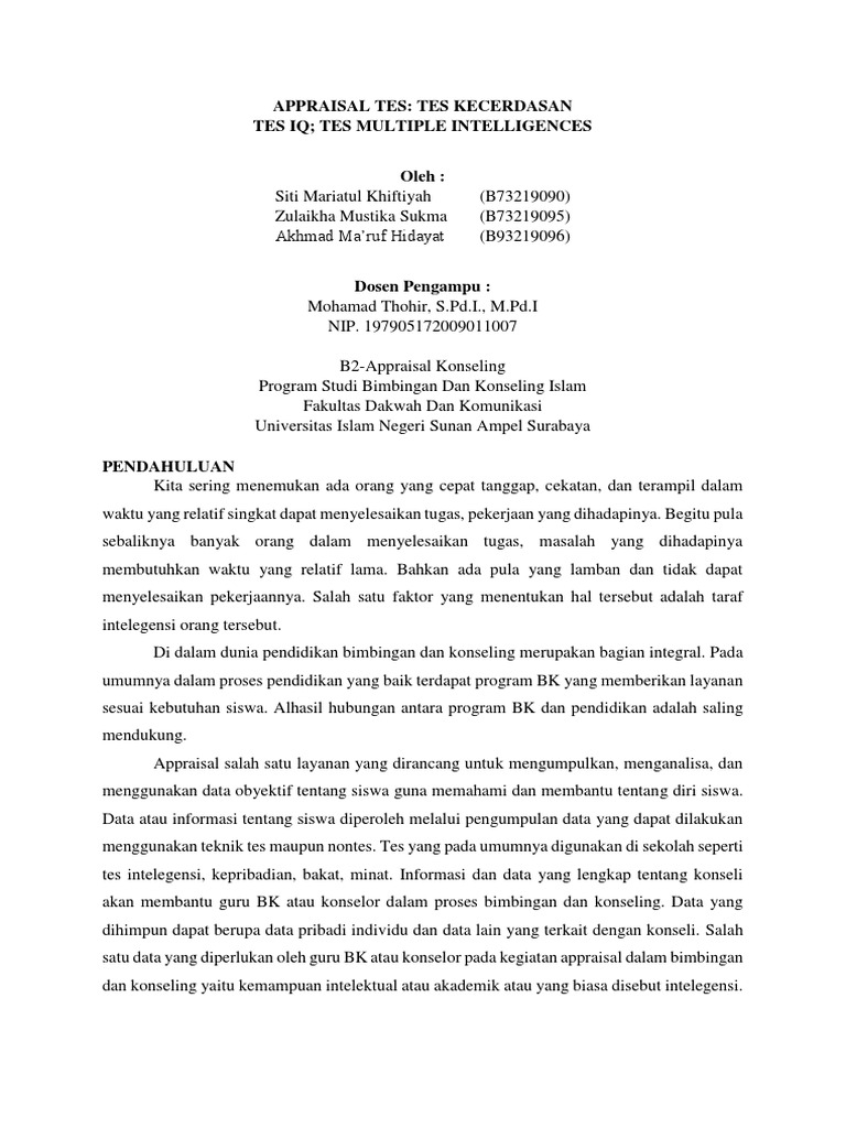 Appraisal Tes Intelegensi-Tes IQ Tes Multiple Intelligence 5B2 - 21-22 ...