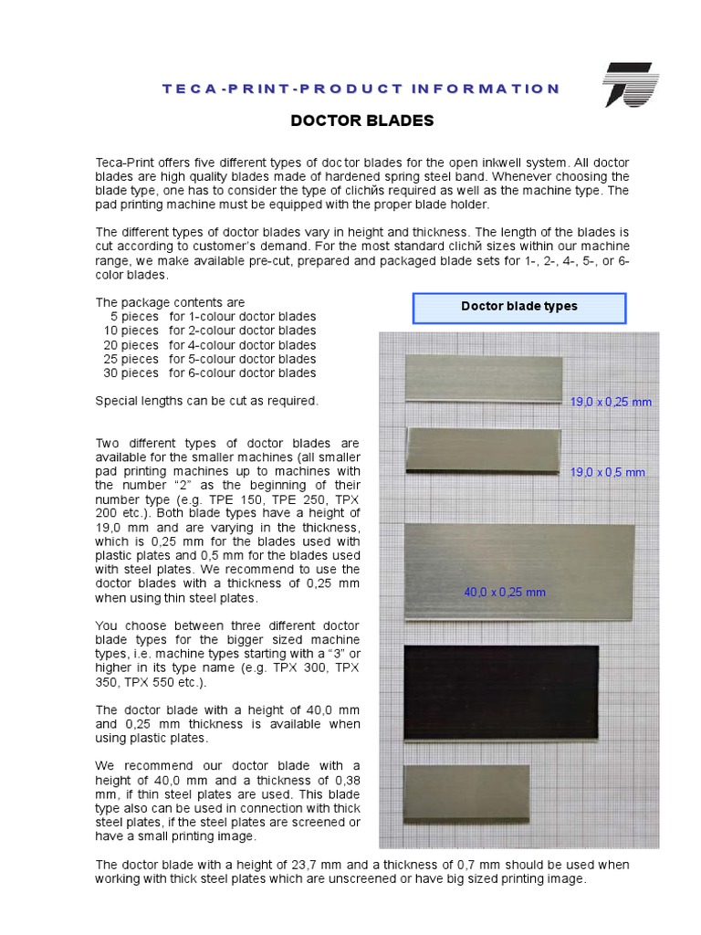 Types of Doctor Blades for Pad Printing | PDF | Printing | Industrial ...