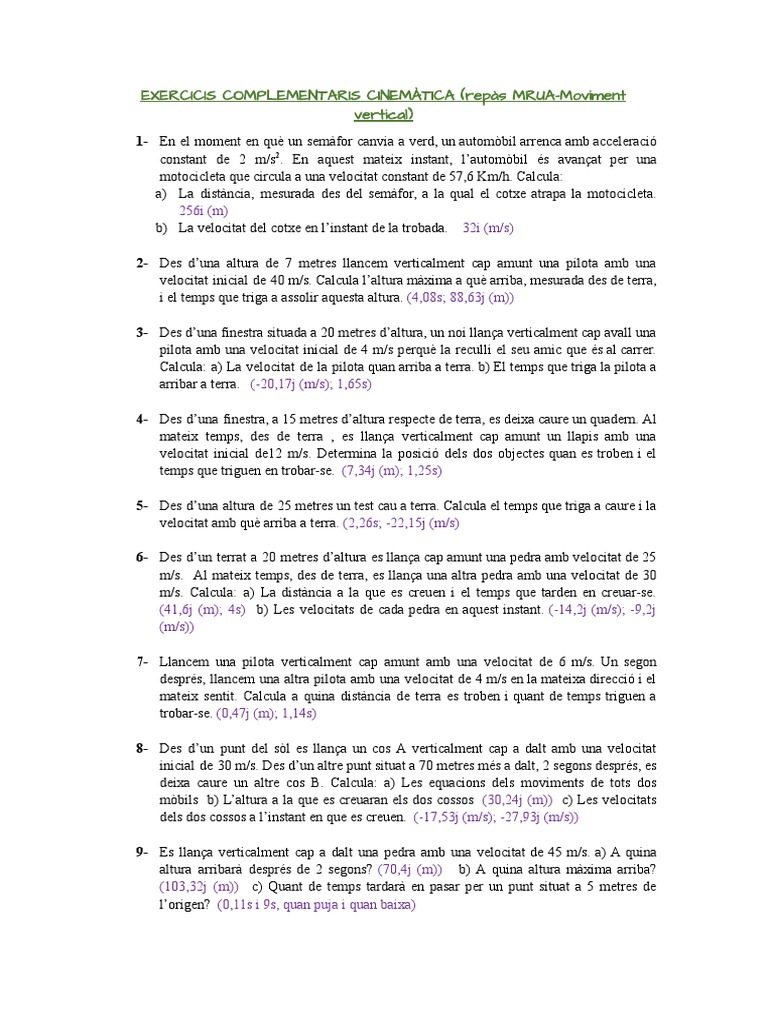 EXERCICIS COMPLEMENTARIS CINEMÀTICA (Mrua I Moviment Vertical) | PDF