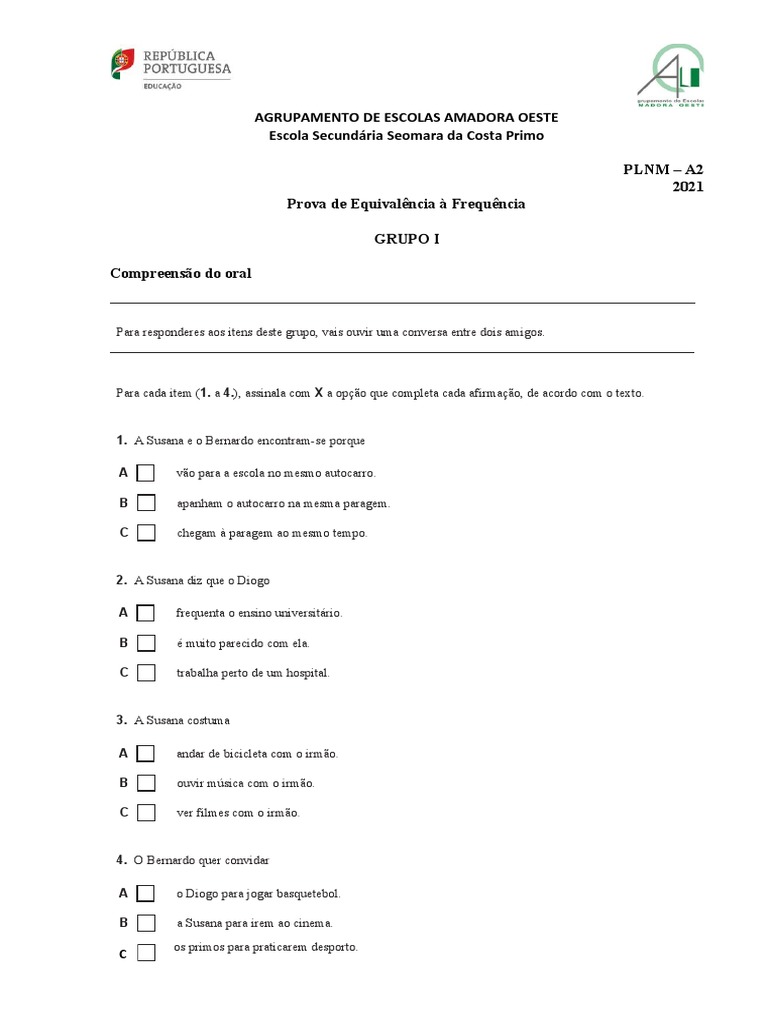 Prova de Equivalência À Frequência PLNM - A2 | PDF