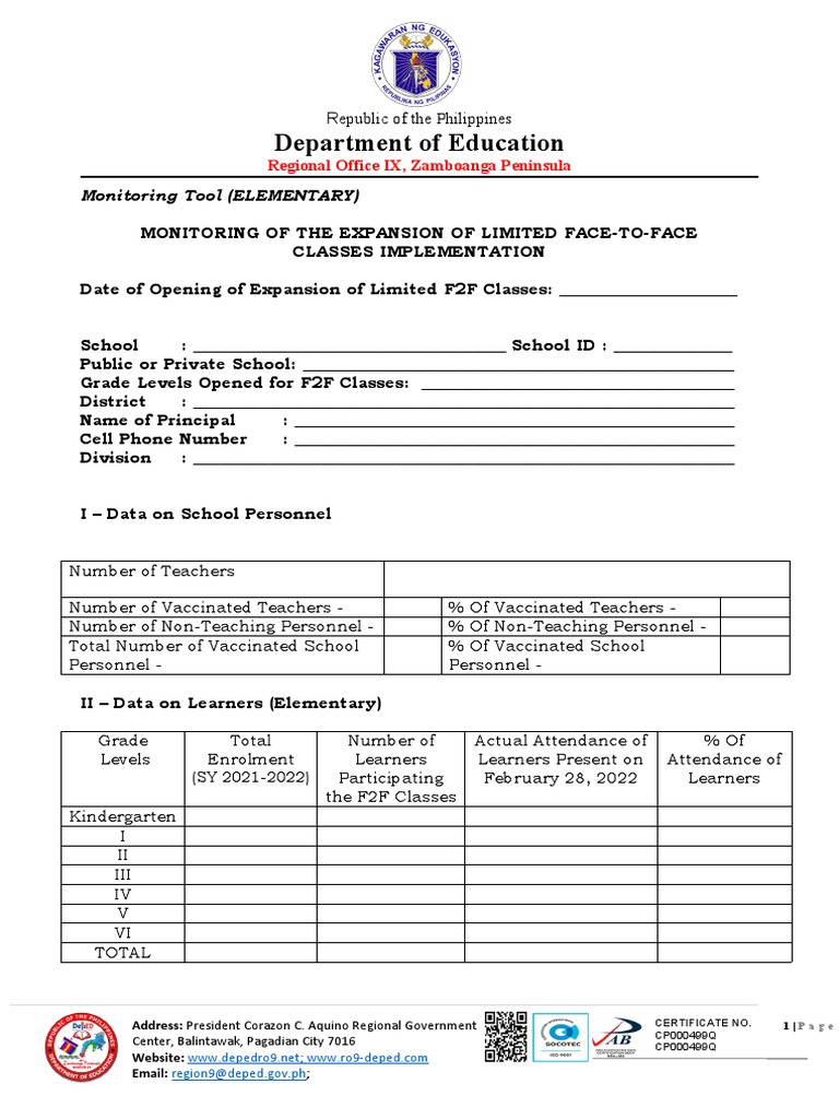 Department of Education: Monitoring Tool (ELEMENTARY) | PDF | Schools