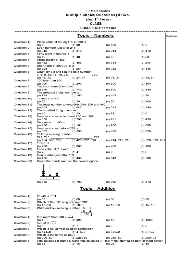 Multiple Choice Questions (MCQS) (For 1 Term) Class: Ii: Subject ...