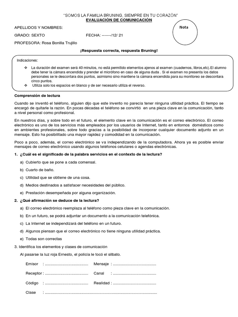 Evaluación de Comunicación 6to Grado | PDF | Comunicación