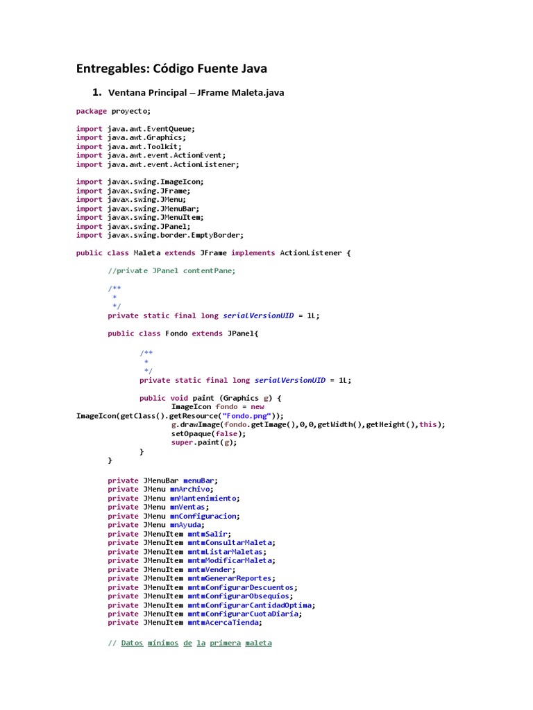 Entregables: Código Fuente Java: Ventana Principal - Jframe Maleta - Java | PDF | Application ...