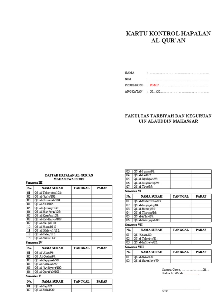 KARTU KONTROL HAFALAN AL-QUR'AN | PDF