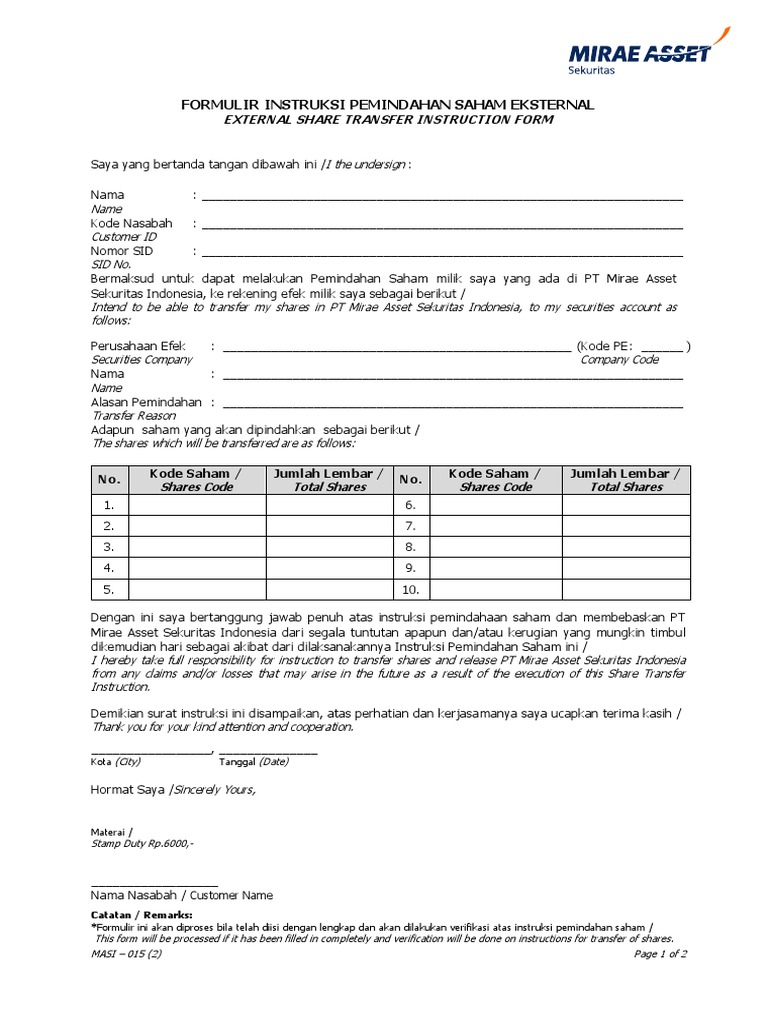 Form Pindah Saham Eksternal | PDF