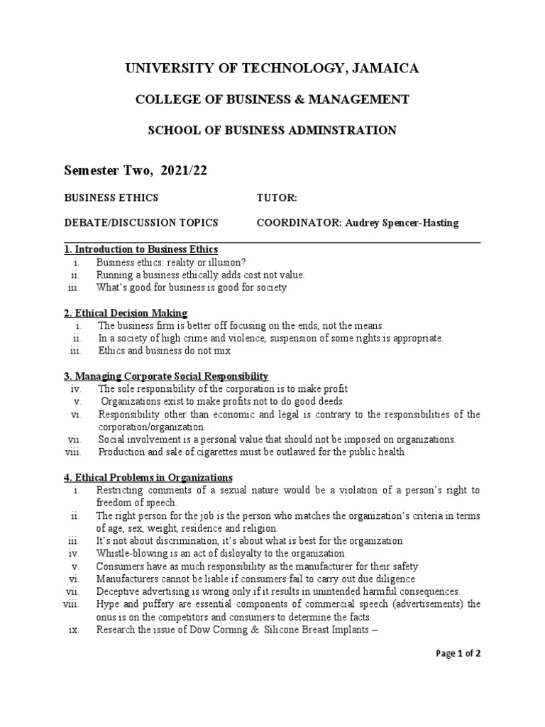 Business Ethics Debate Topics | PDF | Business Ethics | Business