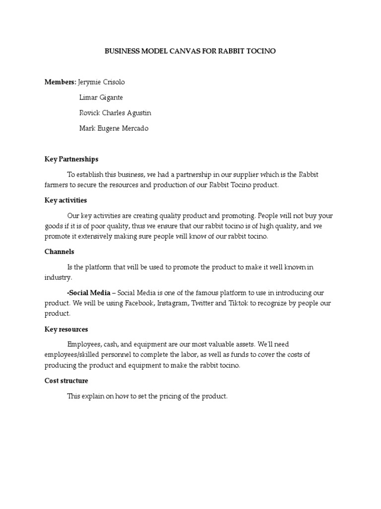 Business Model Canvas For Rabbit Tocino | PDF | Customer | Foods