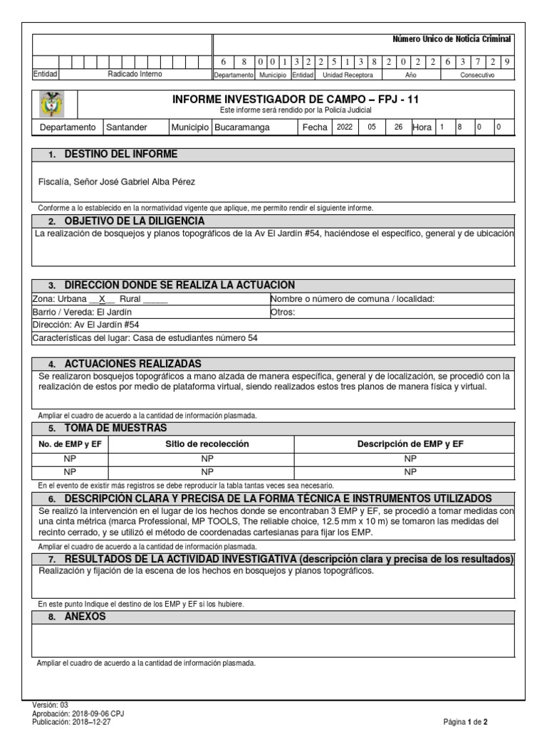 Informe Investigador de Campo - FPJ - 11: Número Único de Noticia Criminal | PDF