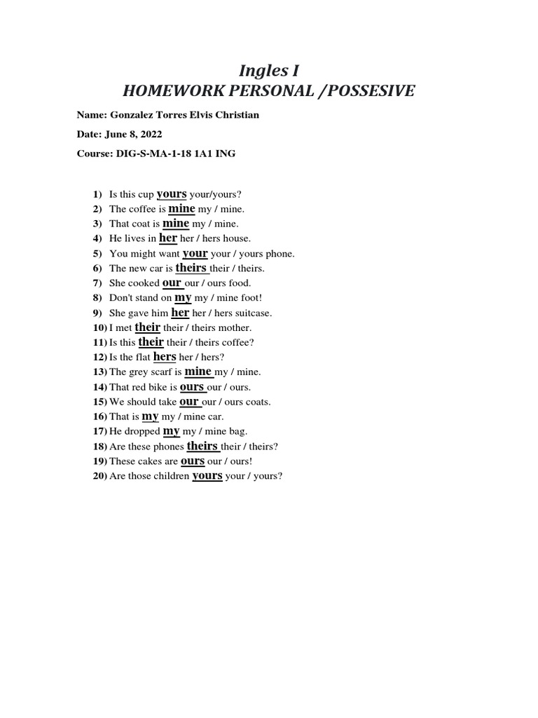Gonzalez Torres Elvis Christian - Homework Personal, Possesive | PDF ...