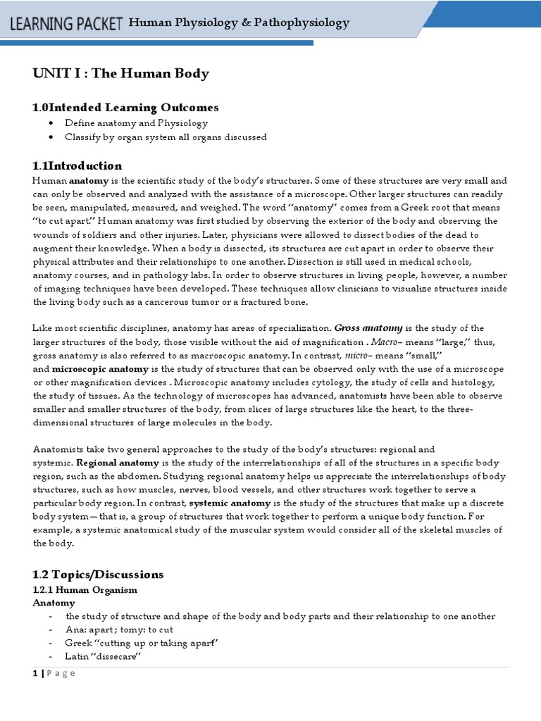 UNIT I: The Human Body: 1.0 Intended Learning Outcomes | PDF ...