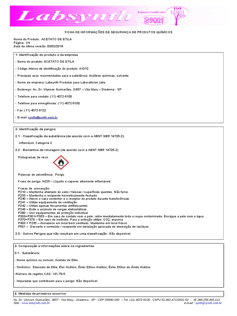 FISPQ - Acetato de Etila | PDF | Química | Primeiros socorros