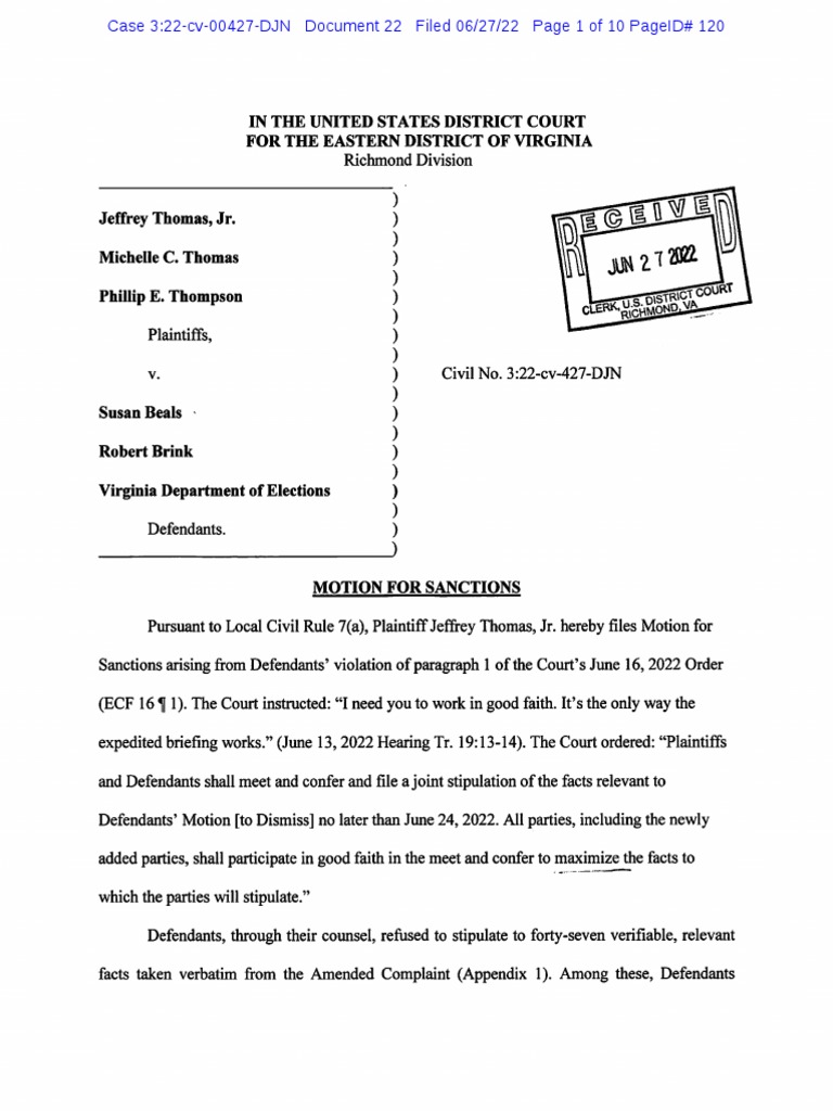 Jeffrey Thomas - Motion For Sanctions | PDF | Discovery (Law) | Legal ...