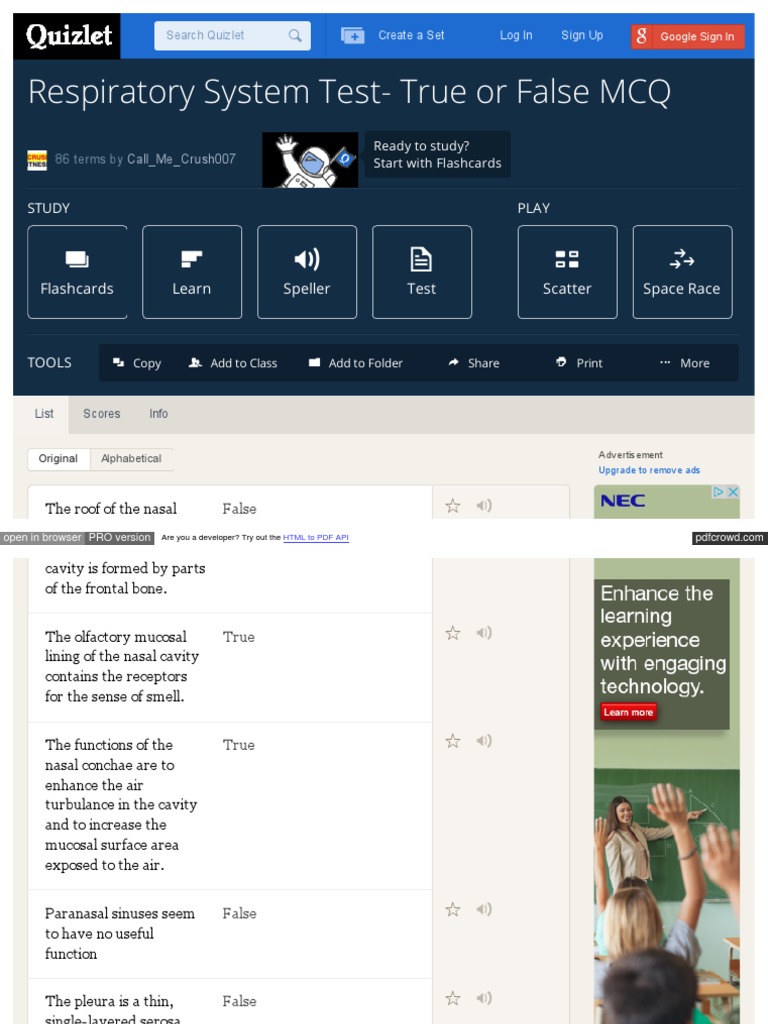 Respiratory System Test-True or False MCQ: Call - Me - Crush007 | PDF ...