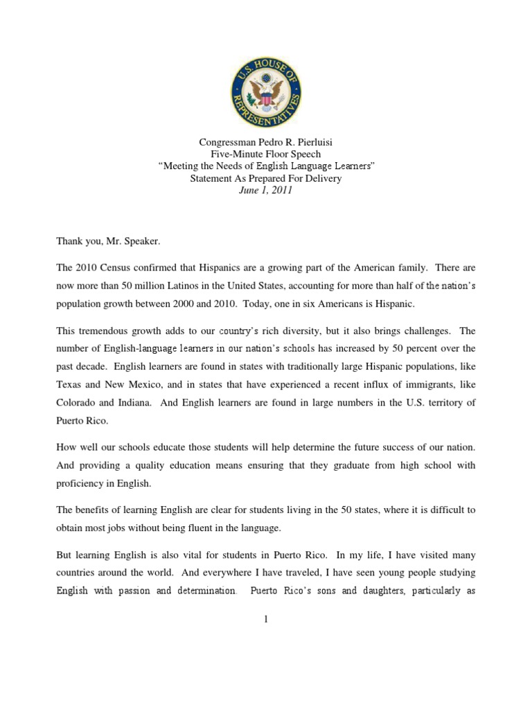 SPEECH: Five-Minute Floor Speech On Meeting The Needs of English ...