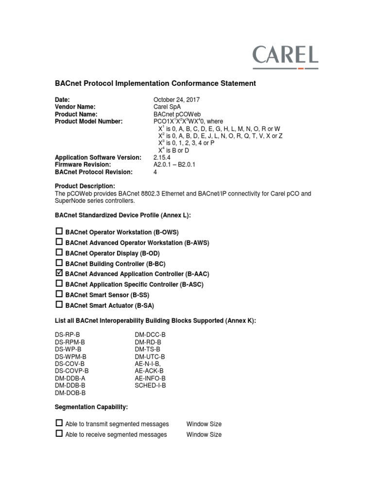 Bacnet Protocol Implementation Conformance Statement | PDF | Computer Network | Ip Address