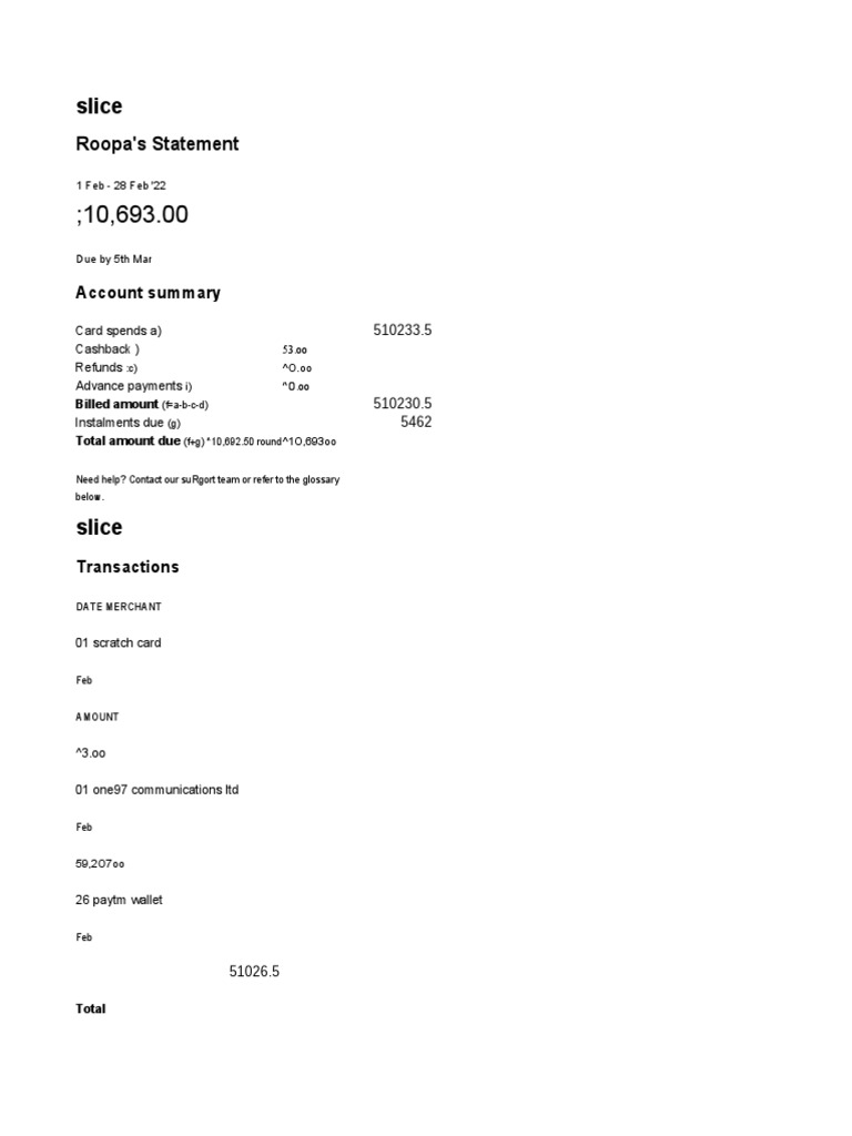 Slice Account Statement - Feb '22 | PDF | Service Industries | Trade