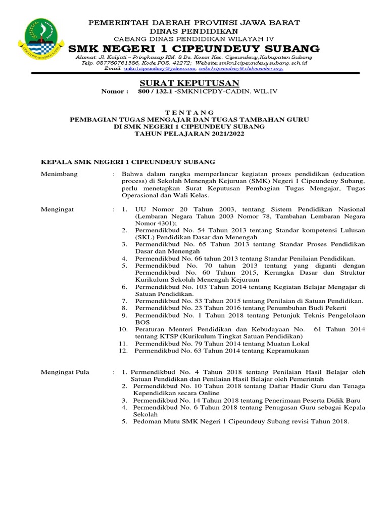 Contoh SK Penugasan Mengajar Untuk Guru Dan Tenaga Kependidikan SMK | PDF