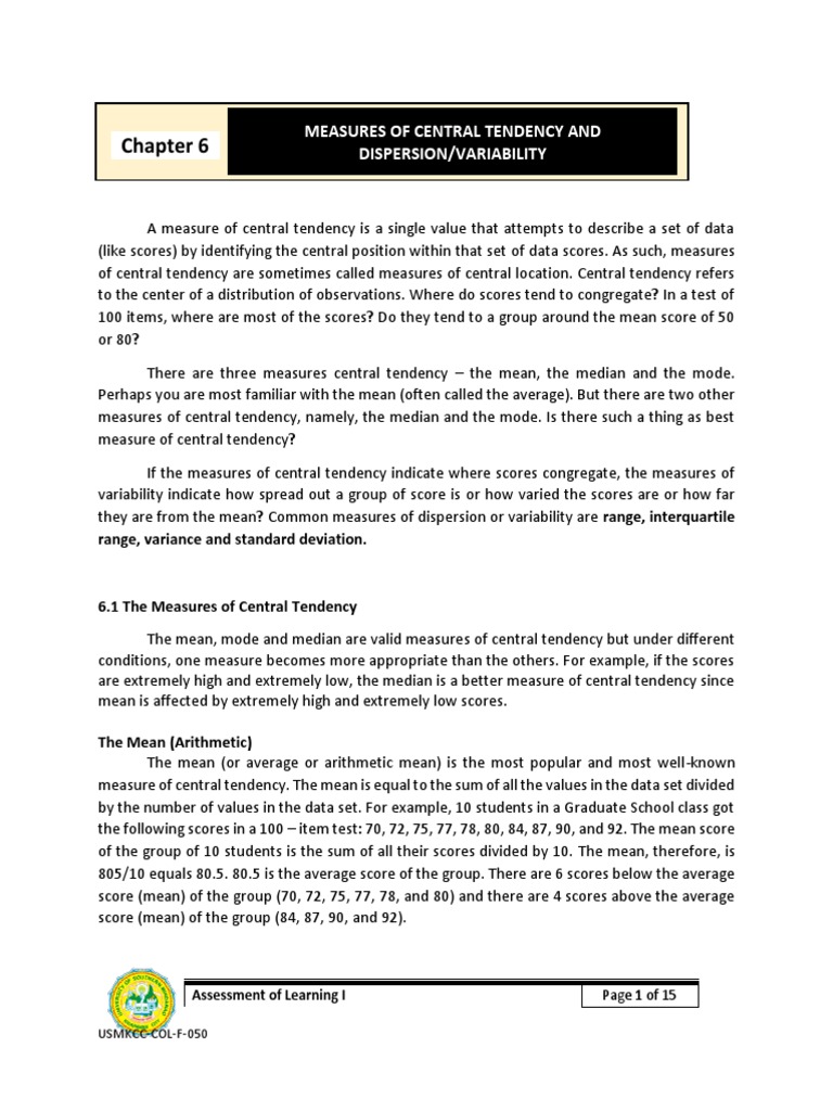 Measures Of Central Tendency And Dispersion Variability Range Variance And Standard Deviation